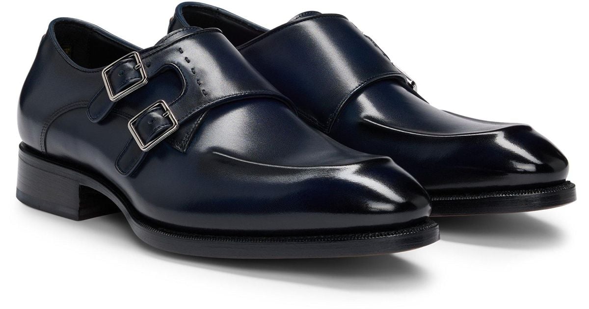 BOSS Double-strap Monk Shoes In Leather With Heel Detail in Blue for ...