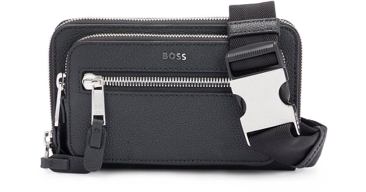BOSS Crossbody Bag In Grained Leather With Logo Lettering in Black for ...