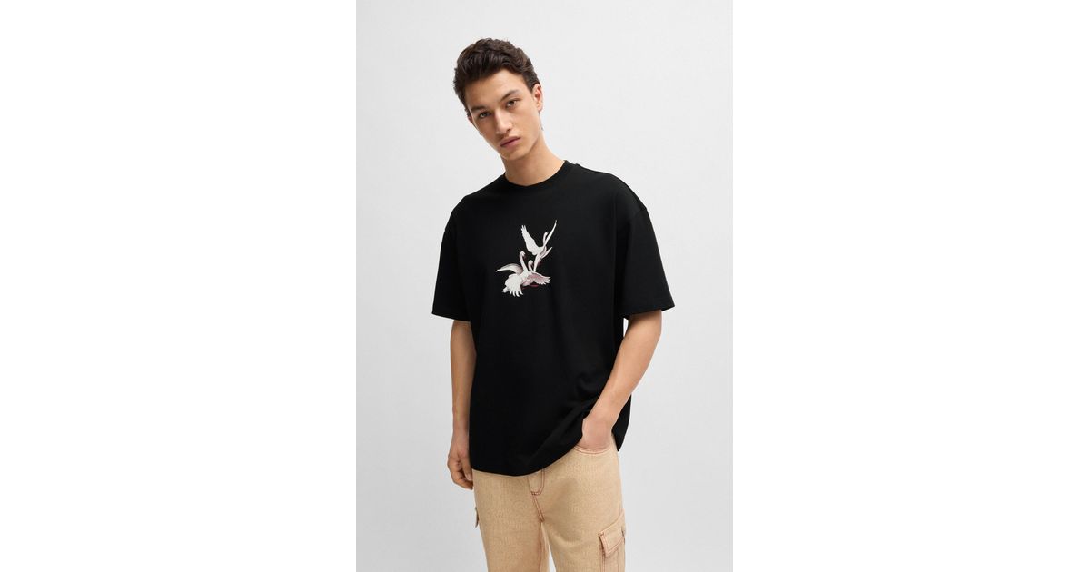 HUGO X Les Benjamins Oversized-fit T-shirt With Swan Graphic in Black ...