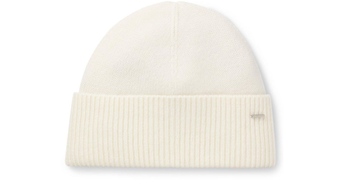BOSS Cashmere Beanie Hat With Metal Logo Tube in White | Lyst UK