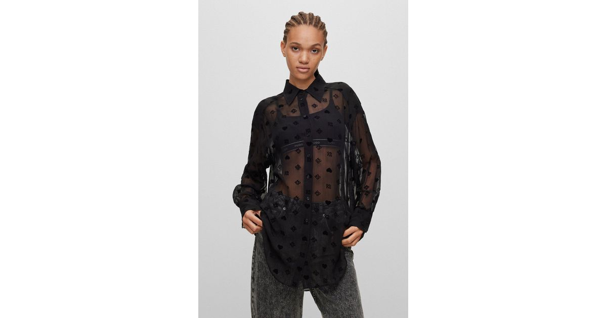 HUGO Longline Relaxed-fit Blouse With Flock-print Stacked Logos in ...