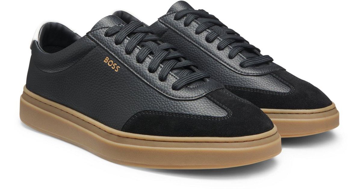 BOSS Grained-Leather Trainers With Contrast Backtab in Black for Men ...
