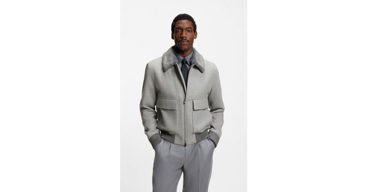 BOSS Wool-Cashmere Coat With Faux-Fur Collar in Grey for Men | Lyst UK