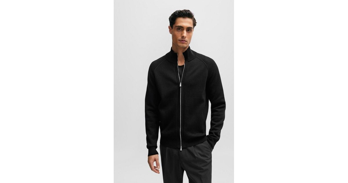 BOSS Zip-up Cardigan In Cotton And Virgin Wool in Black for Men | Lyst ...