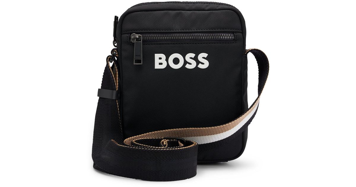 BOSS Contrast-logo Cross-body Bag With Signature-stripe Strap in Black ...