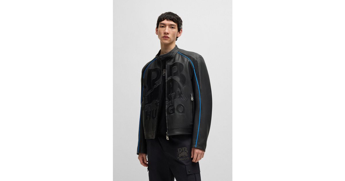 HUGO X Rb Slim-Fit Leather Jacket With Mesh Logo in Black for Men ...
