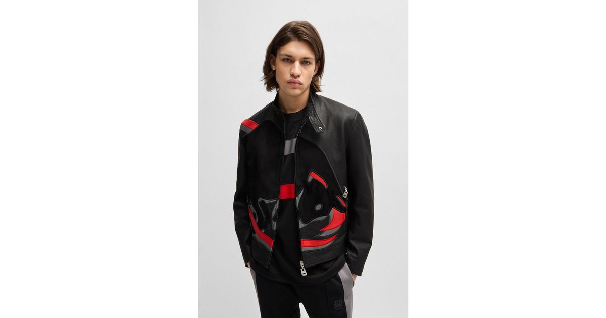 HUGO X Rb Slim-Fit Leather Jacket With Signature Bull Motif in Black ...