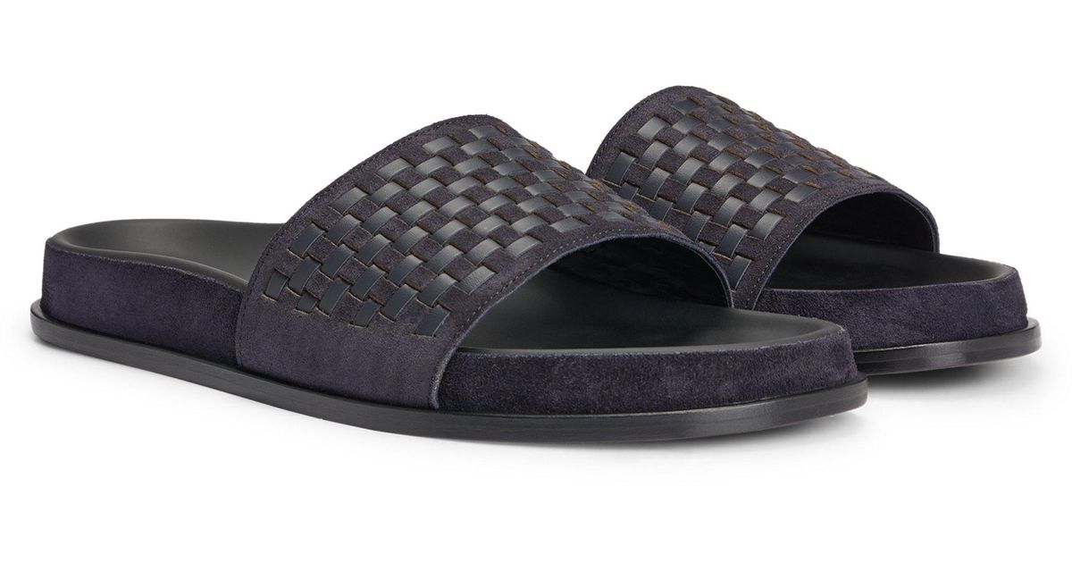 BOSS Mixed-leather Slides With Woven Upper Strap in Black for Men | Lyst