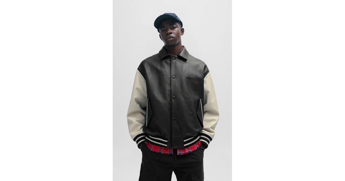 HUGO Leather Varsity Jacket With Oversized Embossed Logo in Black for ...