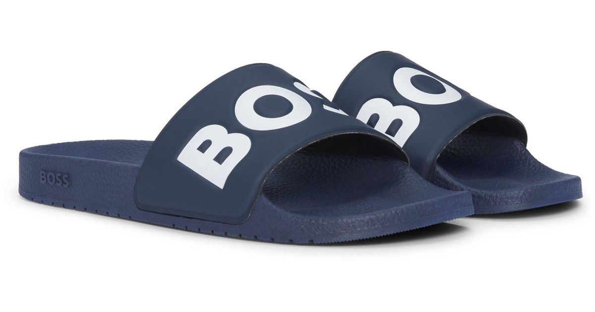 BOSS Italian-made Slides With Large Logo Detail in Blue for Men | Lyst