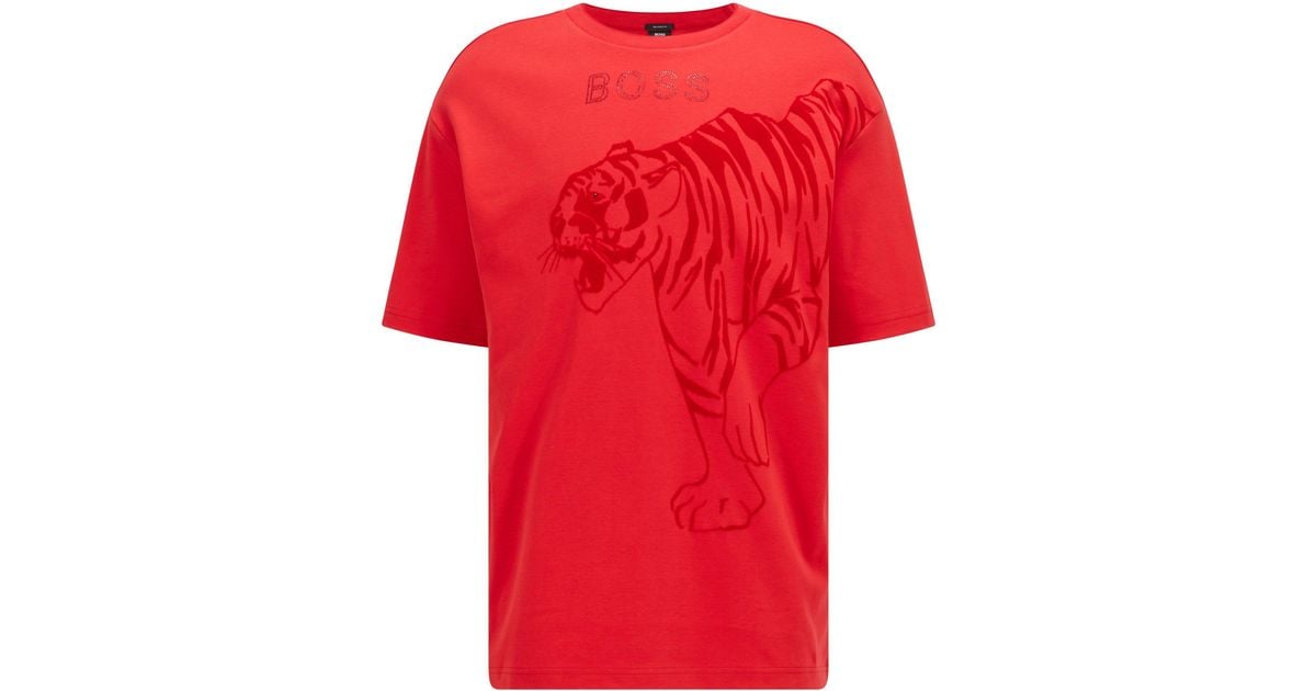 BOSS Organic-cotton T-shirt With Tiger Graphic And Rhinestone Logo in ...