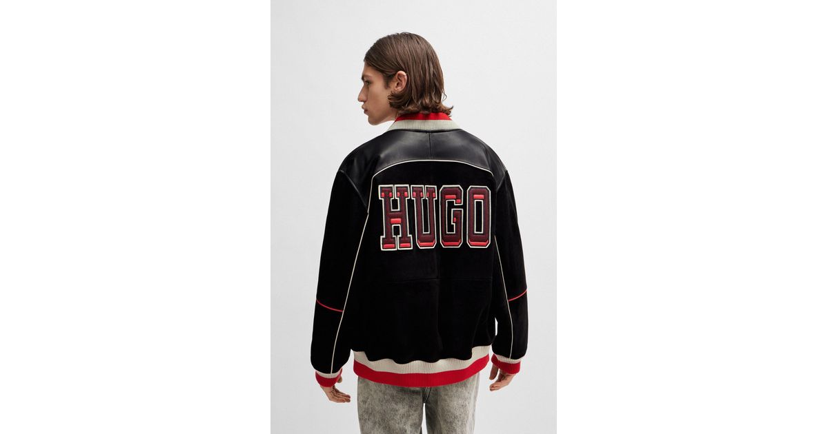HUGO Relaxed-fit Bomber Jacket With Sporty Logos in Black for Men ...