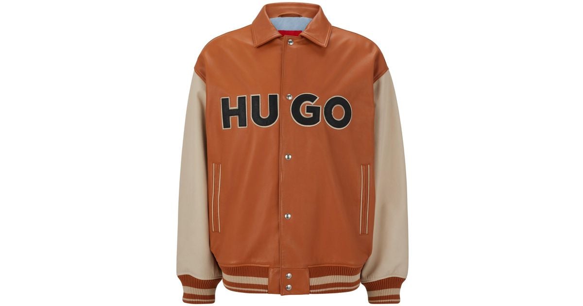 HUGO Colour-blocked Logo Varsity Jacket In Leather in Brown for Men ...