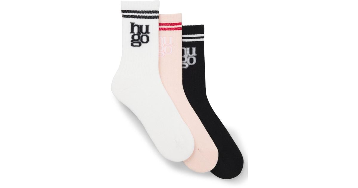 HUGO Three-Pack Of Ribbed Short Socks With Stacked Logos in Black | Lyst UK