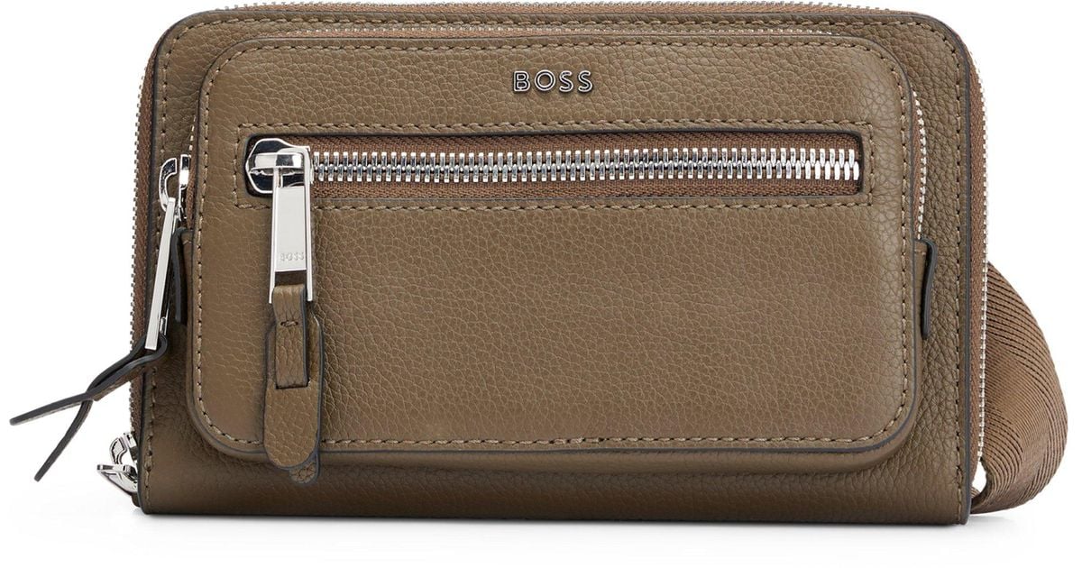 BOSS Crossbody Bag In Grained Leather With Logo Lettering in Brown for ...
