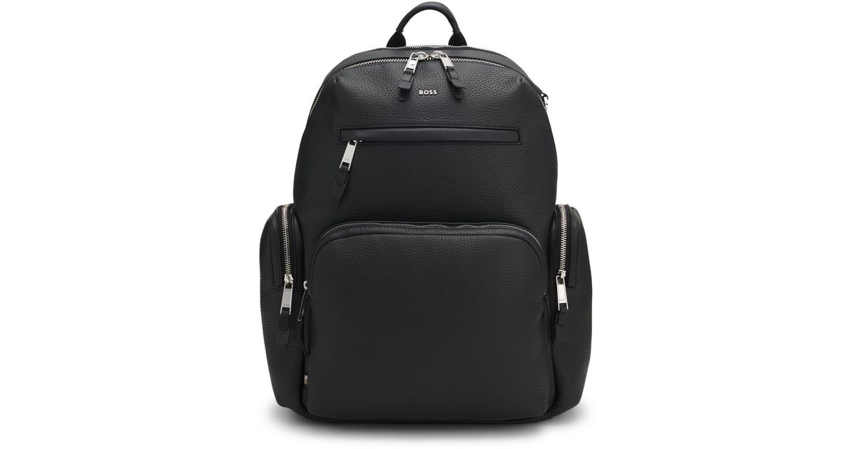 BOSS Italian-Leather Backpack With Zipped Side Pockets in Black for Men ...