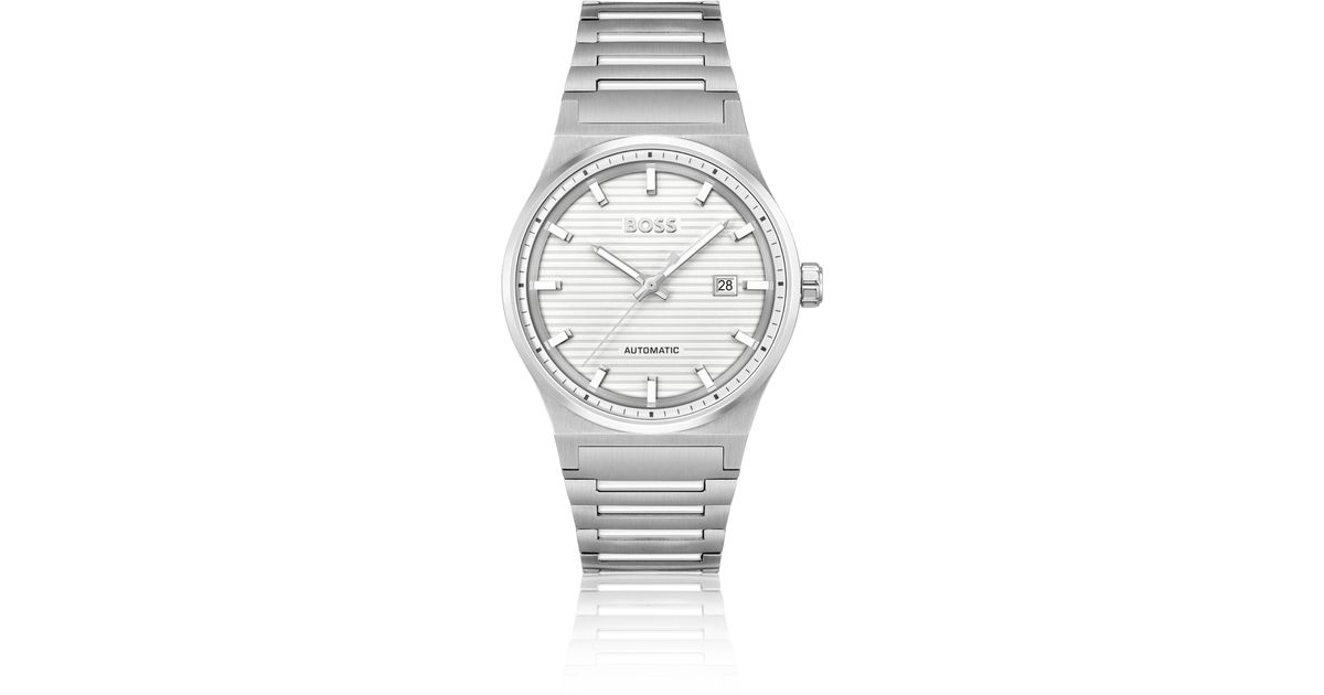 BOSS Silver-tone Automatic Watch With White Grooved Dial Men's Watches ...