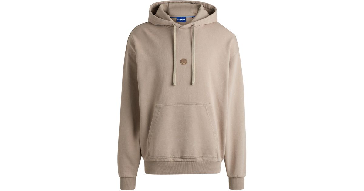 HUGO Cotton-terry Hoodie With Smiley-face Logo Badge in Natural for Men ...