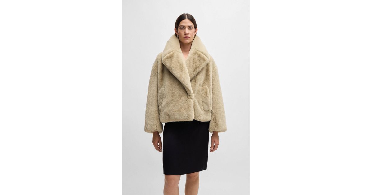 BOSS Cropped Coat In Plush Teddy Fabric in Natural | Lyst