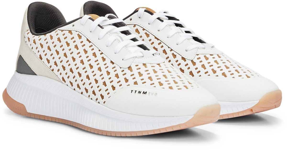 BOSS Ttnm Evo Monogram-mesh Lace-up Trainers With Suede Trims in White ...
