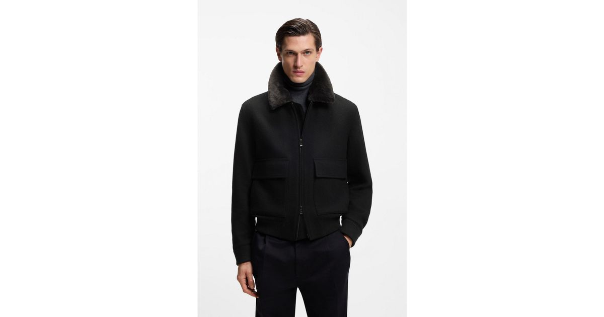 BOSS Wool-Cashmere Coat With Faux-Fur Collar in Black for Men | Lyst UK