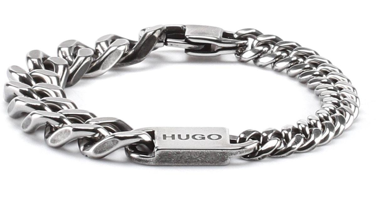BOSS Engraved-logo Cuff In Stainless Steel With Chain Detail in ...