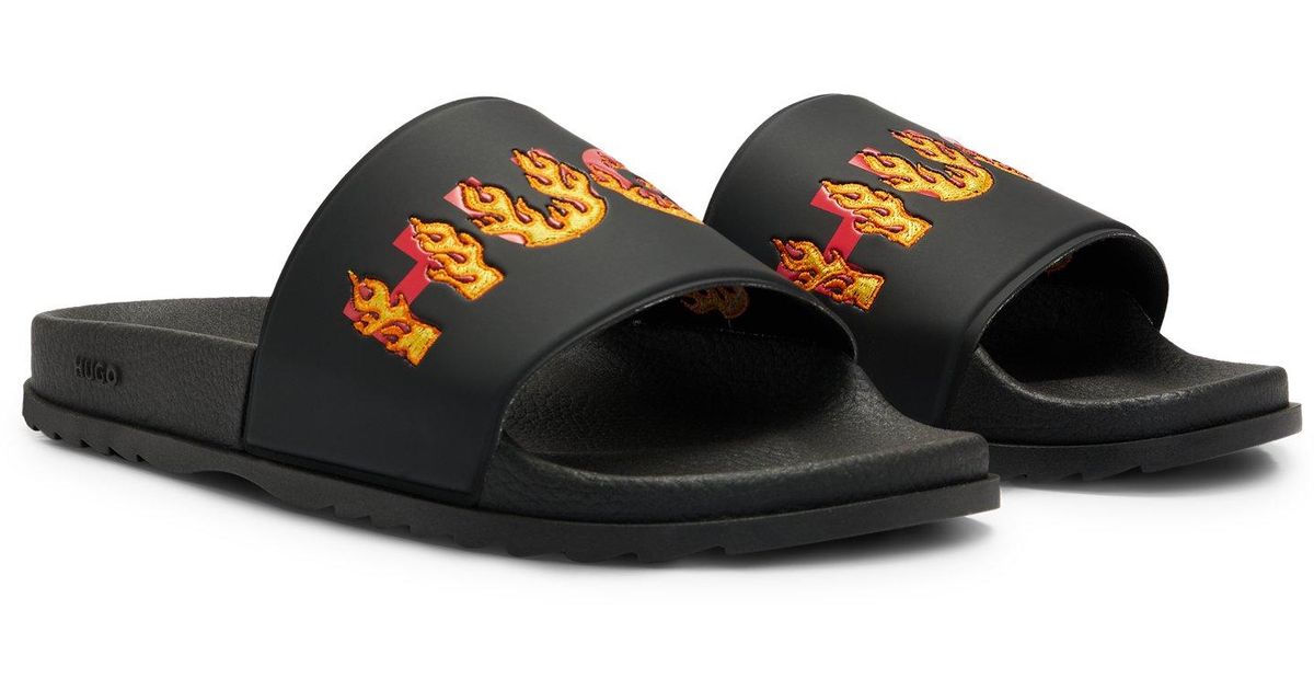 HUGO Slides With Embroidered Flame Logo in Black for Men | Lyst Canada