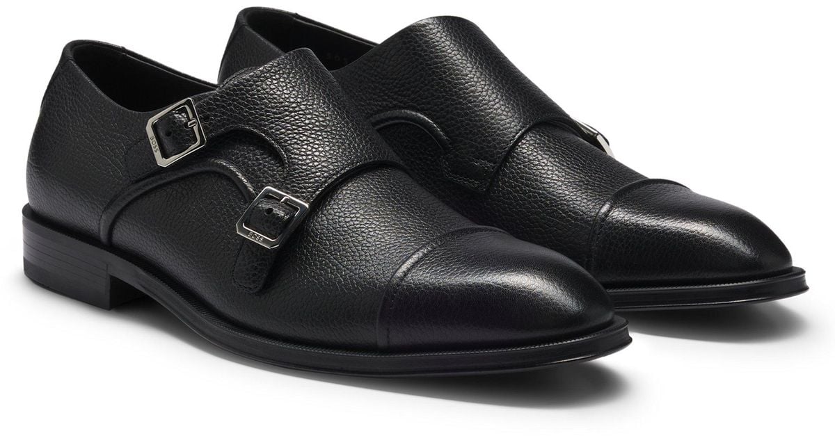 BOSS Italian-made Double-strap Monk Shoes In Grained Leather in Black ...