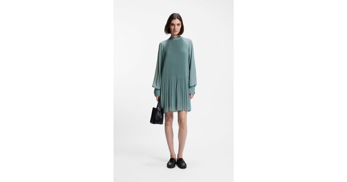 BOSS Plissé Dress With Sheer Sleeves in Blue | Lyst UK