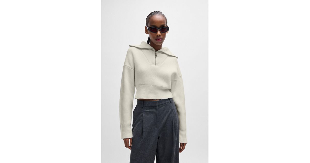 HUGO Cropped Sweater With Stacked-Logo Zip Puller in Natural | Lyst