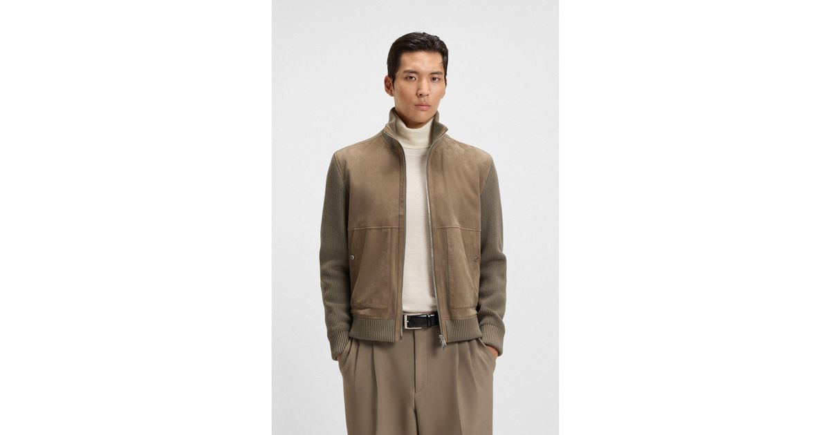 BOSS Suede Jacket With Cotton-Blend Sleeves in Brown for Men | Lyst UK