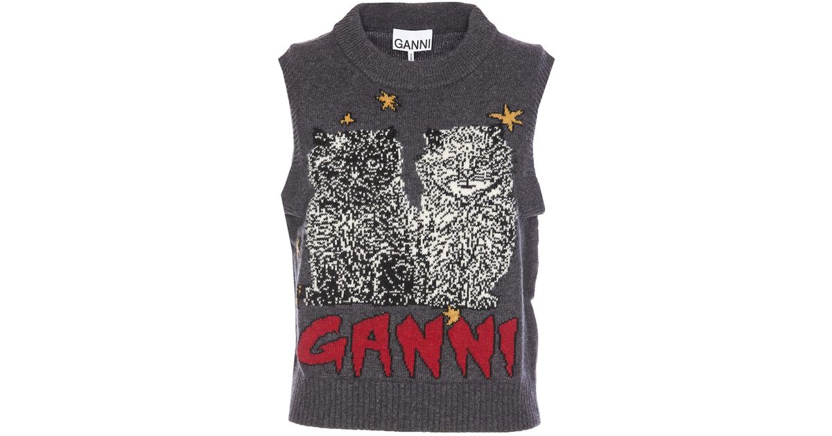 Ganni Cats Graphic Vest in Gray | Lyst