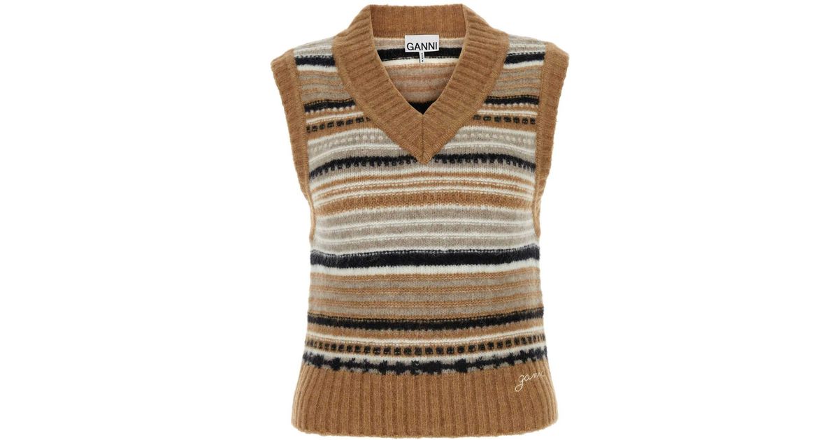 Ganni Embroidered Stretch Wool Blend Vest in Gray | Lyst