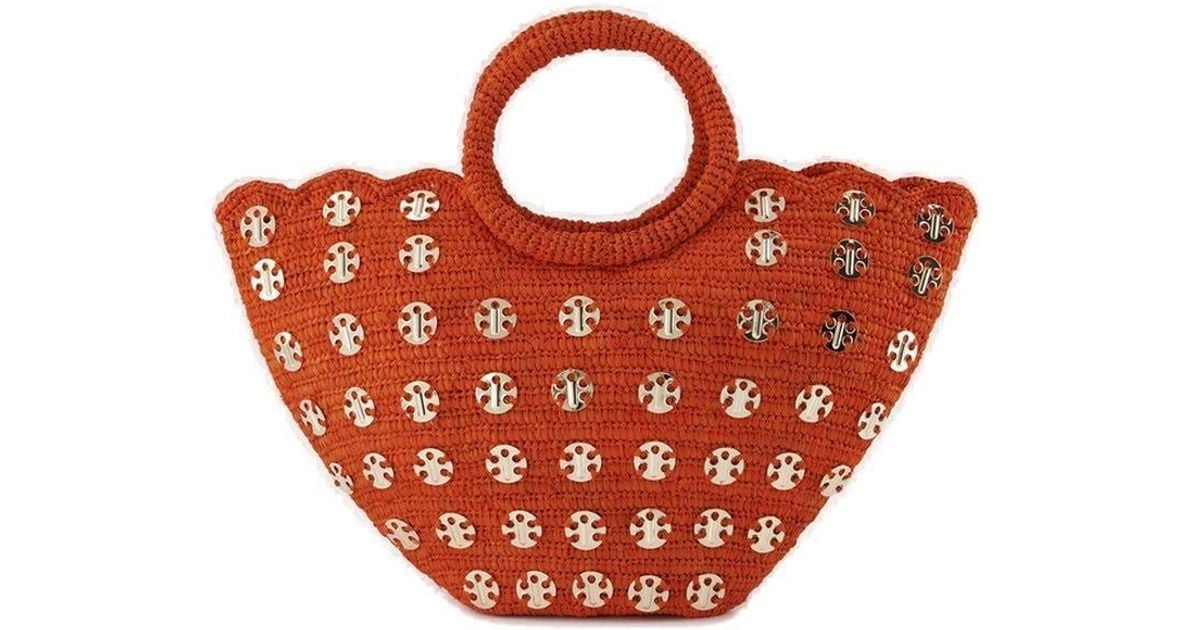 Rabanne Metallic Disc Embellished Basket Bag in Red | Lyst