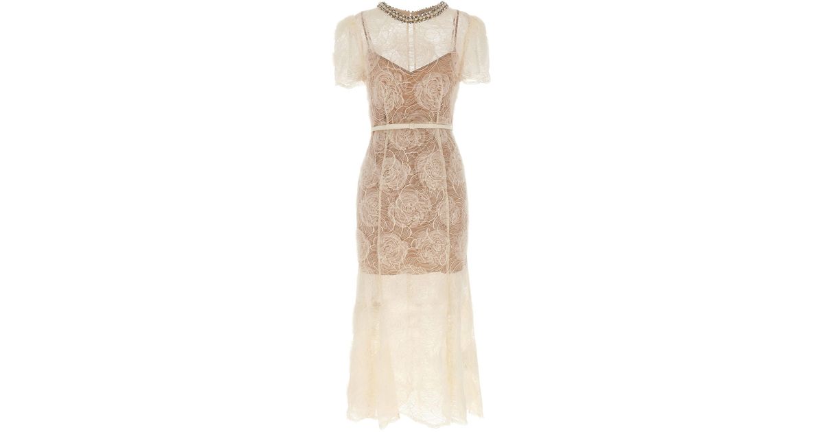 Self-Portrait Cream Tulle Lace Midi Dress in Natural | Lyst UK
