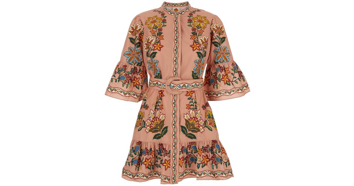 FARM Rio Dress With All-Over Floral Motif And Waist Belt in Brown | Lyst