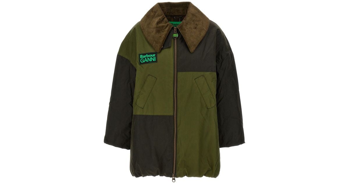 Barbour X Ganni Panelled Waxed Cotton Bomber Jacket in Green | Lyst UK