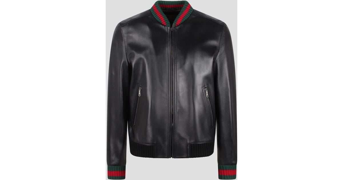 Gucci Web Leather Jacket in Black for Men | Lyst