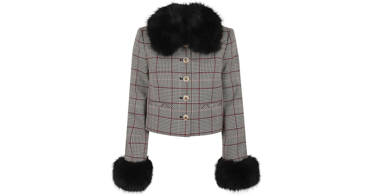 Self-Portrait Check Fur Cuff Jacket in Black | Lyst UK
