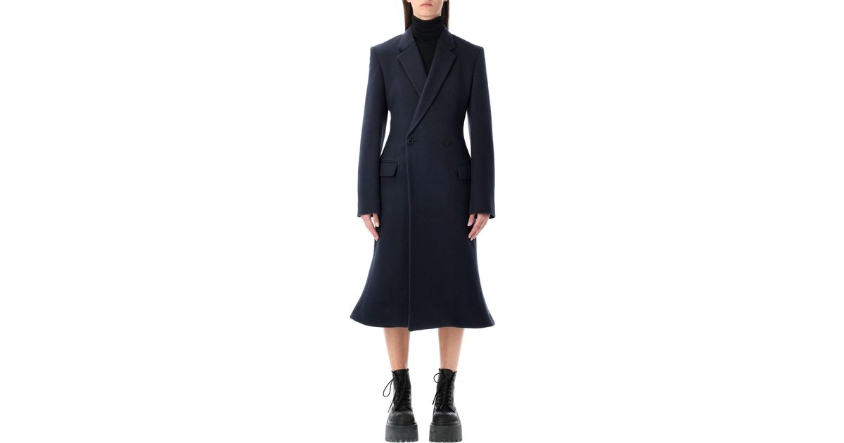 Balenciaga Brushed Wool Midi Godet Coat in Blue | Lyst UK