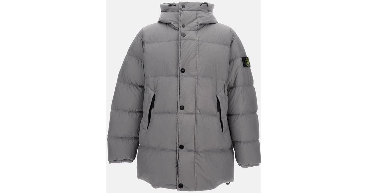 Stone Island Long Puffer Jacket With Hood in Gray for Men | Lyst