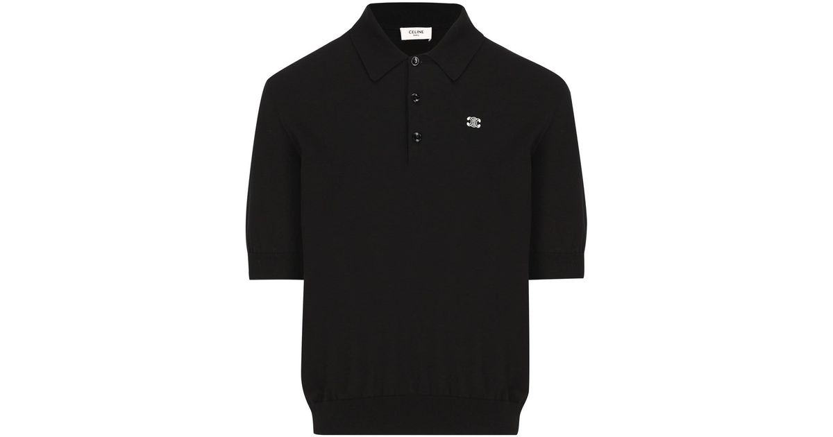Celine Triomphe Logo Embroidered Polo Shirt in Black for Men | Lyst