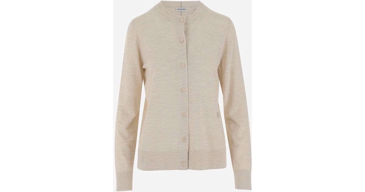Burberry Wool Cardigan With Logo in Natural | Lyst