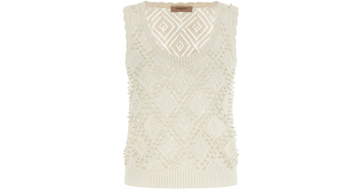 Twinset Pearl Top in Natural | Lyst