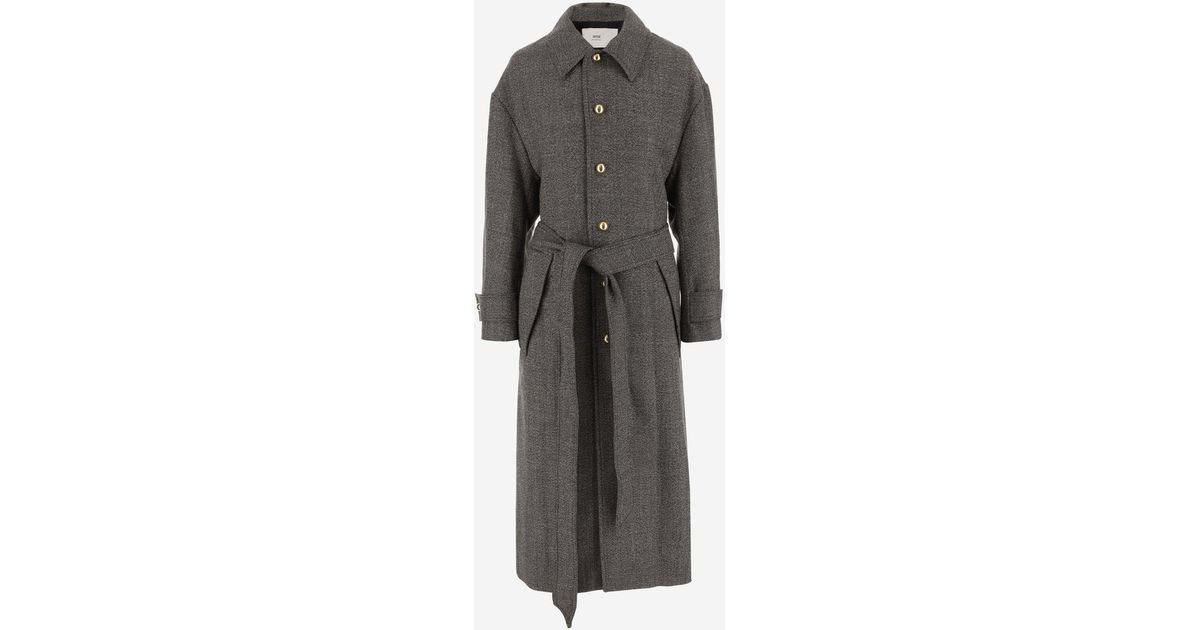 Ami Paris Wool Blend Long Coat in Gray | Lyst