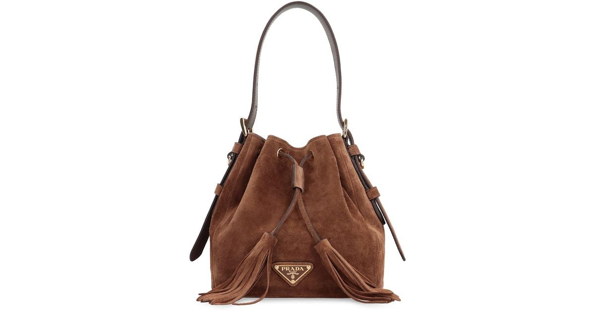 Prada Suede Bucket Bag in Brown | Lyst UK