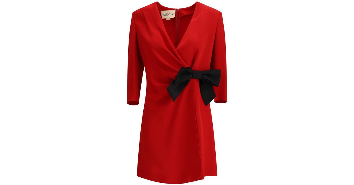 Valentino Short Silk Dress With Bow in Red | Lyst UK