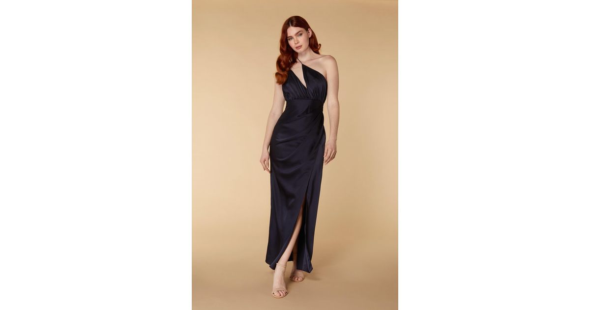 Jarlo Paula One Shoulder Satin Maxi With Thigh Split in Blue | Lyst