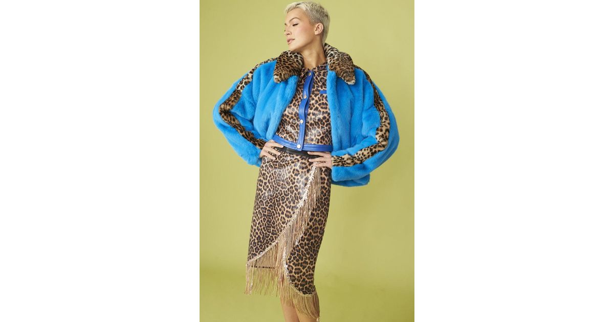 Jayley And Leopard Print Faux Fur Coat in Blue | Lyst UK