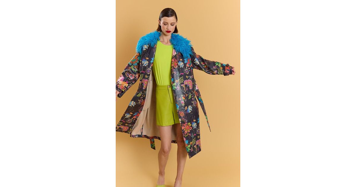 Jayley Faux Suede Embroidery Effect Trench Coat in Blue | Lyst UK